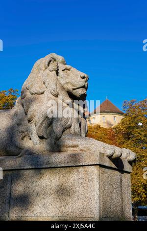 Resting lion made of granite on the terraced base of the equestrian ...