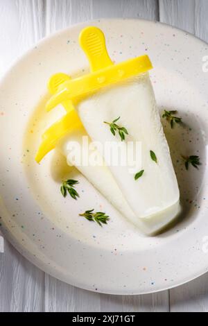 Delicious frozen popsicle with herbs served on plate Stock Photo - Alamy