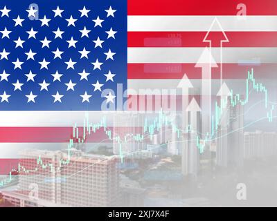 Economy graph: up arrow, USA flag and cash dollars bills (inflation ...