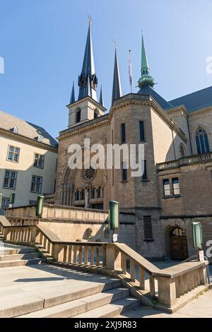 Spires of the Notre Dame Catholic cathedral built in Gothic, Baroque and Renaissance style 1621 ...
