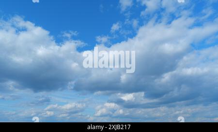 Time lapse. Fluffy layered clouds sky atmosphere. Majestic amazing blue sky with clouds. White ...