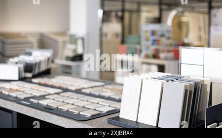 Assorted tile samples presented on display boards in store Stock Photo ...
