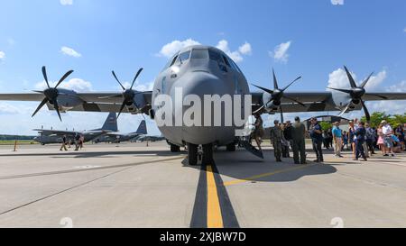 The 910th Airlift Wing’s first C-130J-30 Super Hercules aircraft is parked the arrival ceremony ...