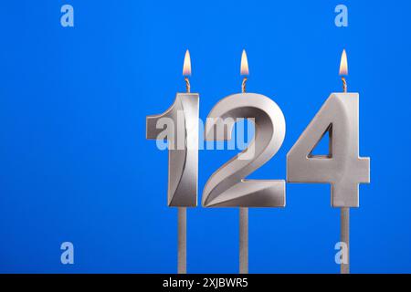 Lit birthday candle - Candle number 124 on white background Stock Photo ...