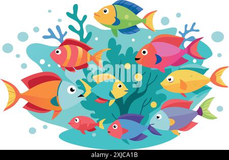 Brightly colorful fish in an aquarium with corals and algae, vector ...