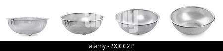 Set of different colanders isolated on white, top view Stock Photo - Alamy