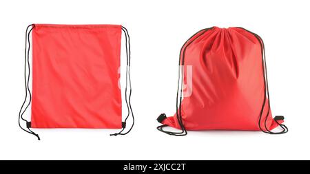 Collage of empty and filled red drawstring bag isolated on white Stock ...
