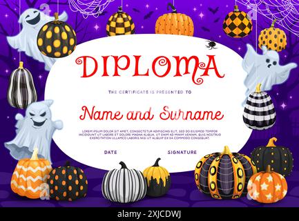 Kids diploma, Halloween ghosts on cemetery, vector education ...