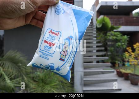 hands holding Amul Taaza Milk pouch. Amul dairy products. Branded Amul ...