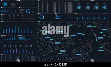 3D Render: Dark Monitoring Software Mockup: City Map Updating In Real ...