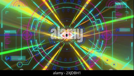 Image of lights and colourful circular scanner processing on black ...