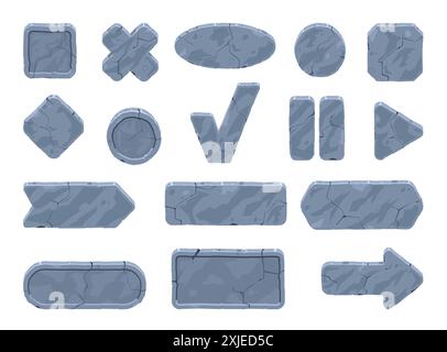 Cartoon stone texture of game buttons gui or ui design elements. Set menu boards, progress bars ...