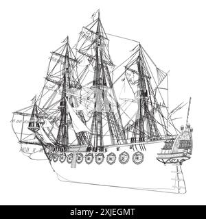 Outline of an ancient sailing frigate made of black lines isolated on a ...