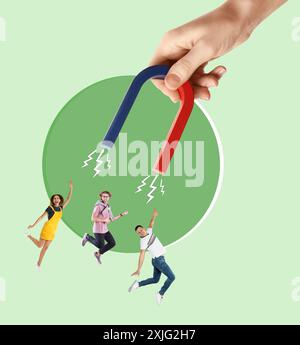 Woman attracting man with magnet on light blue background. Creative ...