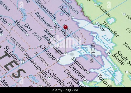 Milwaukee map. Close up of Milwaukee map with red pin. Map with red pin ...