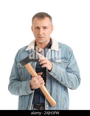 masculinity of man with axe isolated on grey. masculinity of man with ...