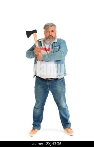Portrait of mature lumberjack with axe on green background Stock Photo ...