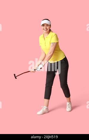 Female golfer on pink background. Banner for National Golf Month Stock ...