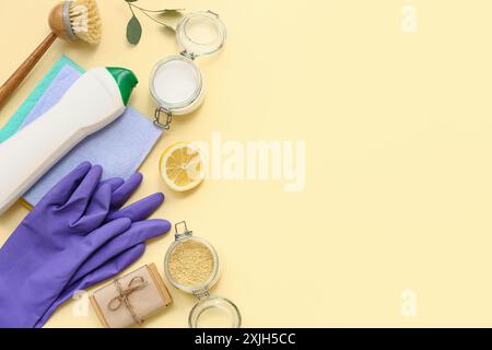 Different organic waste with gloves on green background. Compost ...