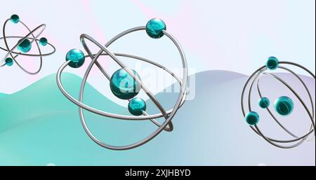 Image of atoms moving over waving multi coloured background. Science ...