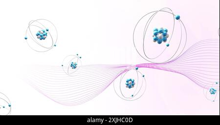 Image of atoms moving over waving multi coloured mesh on black ...