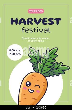 Farmers market flyer with Kawaii Carrot character. Kawaii style poster ...