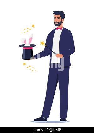 Magician demonstrating trick and taking rabbit out of top hat. Circus ...