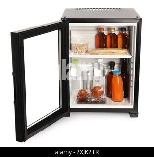 Mini refrigerator with drinks and snacks isolated on white Stock Photo ...