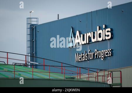 Logo and lettering Aurubis Metal for Progress on a factory building at ...