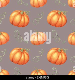 Autumn themed seamless pattern, with pumpkin, acorn, snail, berries and ...