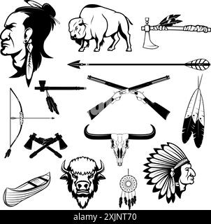 Indian native Americans icons, Wild West culture and traditions, vector ...