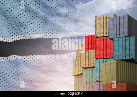 Botswana flag and big stack of shipping cargo containers in docks with ...