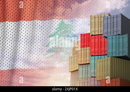 Lebanon flag and big stack of shipping cargo containers in docks with ...