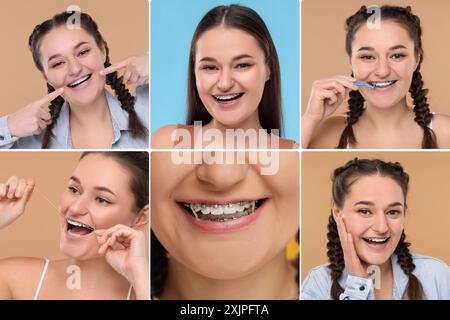 Girl wearing braces on different colors backgrounds, collage of photos ...