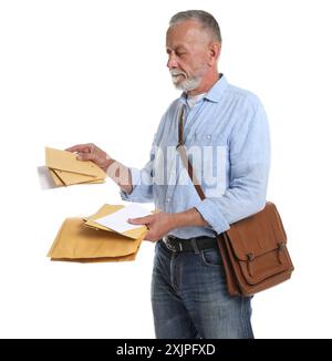 Postman with brown bag delivering letters on white background Stock ...