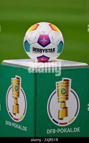 Adidas Derbystar match ball, logo, lying on platform, floodlight ...
