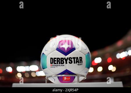 Adidas Derbystar match ball, logo, lying on platform, floodlight ...