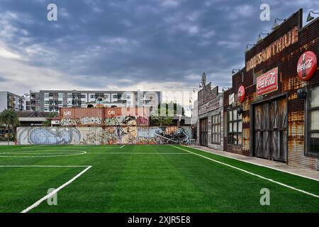 Football pitch with lorry container Stock Photo - Alamy