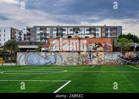 Football pitch lorry container Stock Photo - Alamy
