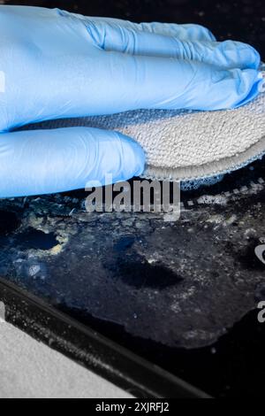 Person cleaning an electric hob with a scrubbing pad. Housework chore ...