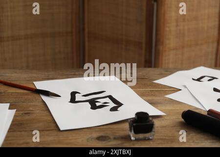 Calligraphy. Papers with written Chinese hieroglyphs, inkwell, fountain ...