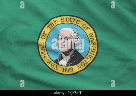 Washington US state flag depicted on folded wavy fabric of old cloth ...