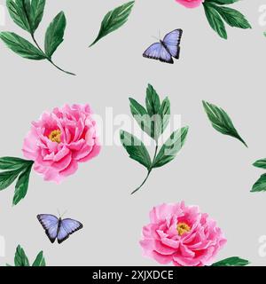 Watercolor of pink peony head. Hand-painted summer flower on a white ...