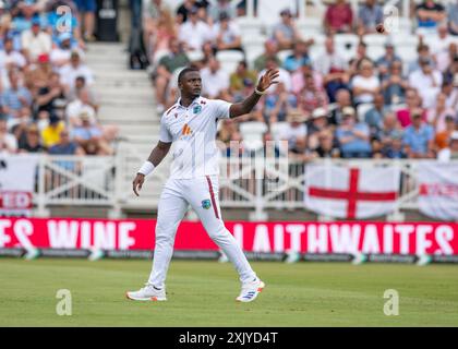 West Indies bowler Shamar Joseph, right, celebrates after bowling South ...