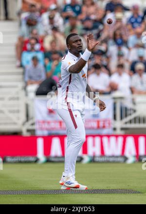 West Indies bowler Shamar Joseph, right, celebrates after bowling South ...