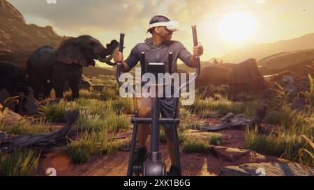 African American sportsman puts on VR headset and starts training on ...