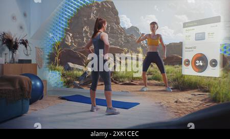Sportswoman starts exercising. VR screen shows virtual trainer and ...