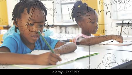Image of math formulas over african american girl learning at school ...