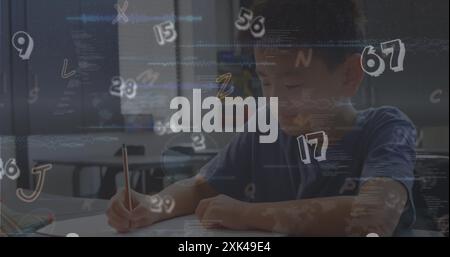 Image of multiple alphabets floating over three diverse girls studying in the library at school ...