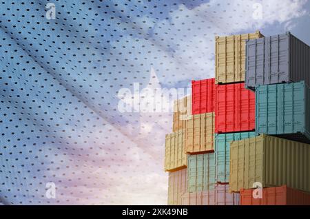 Somalia flag and big stack of shipping cargo containers in docks with ...